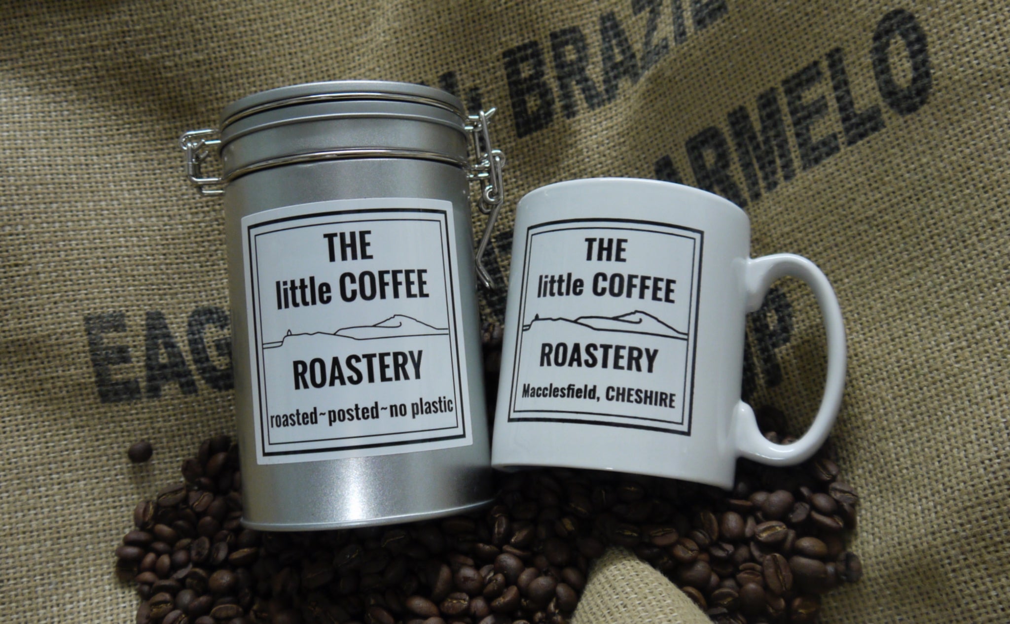 The Little Coffee Roastery Mug and Canister Set (Silver and White)